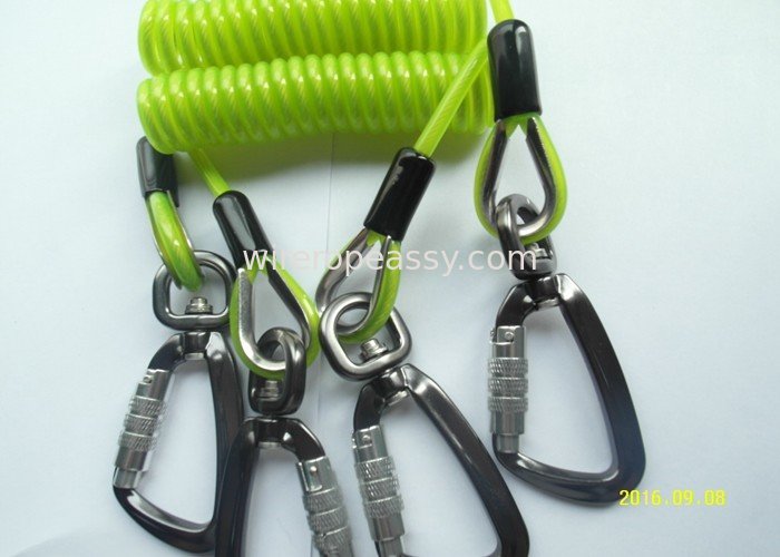 Green PU Coated Safety Tool Lanyards Retractable With Double Swivel Carabiner