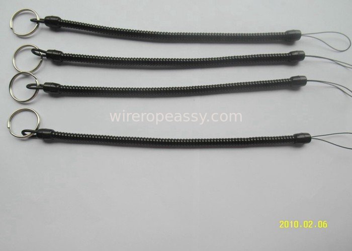 2.0mm Black PU Plastic Coil Tool Retractable Safety Lanyard With Keyring / String