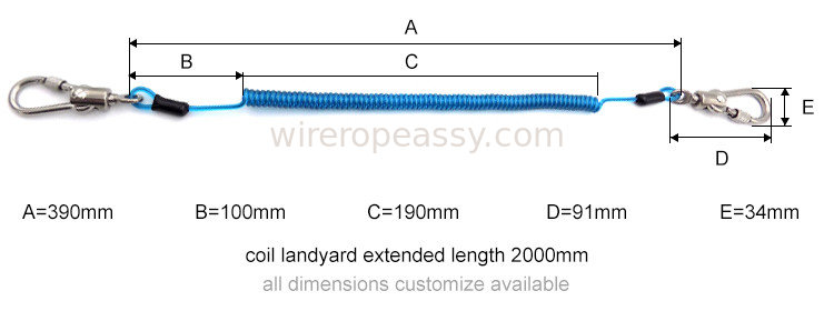 3.2mm Steel Wire Coated Transparent Blue PU Safety Tool Lanyards with Carabiner Hook