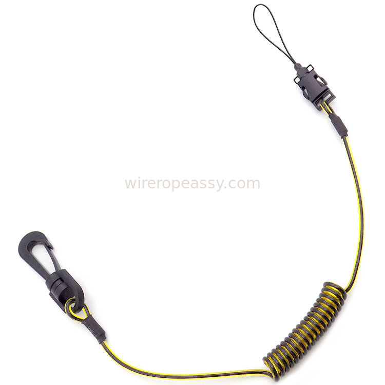 5.0mm Black PU Coated Clear Yellow PVC Diving Coil Tool Lanyard With Snaps Quick Release Buckles