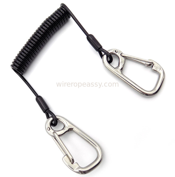 High Tention 5.0mm Black Coil Tool Lanyard With Swivel Carabiner And Key Ring