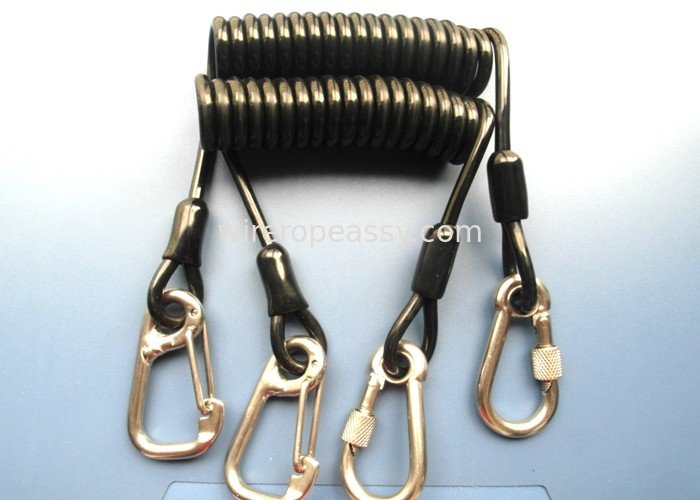 Black Spring Steel Wire Safety Tool Lanyards With Locking Carabiners