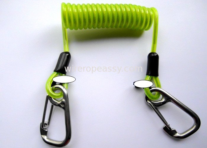 Green Transparent Retractable Safety Lanyard Spring Spiral Coil Cable With Safety Hooks