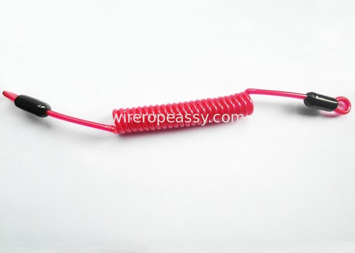 Double Loops Red Spring Steel Coil Lanyard with Black Plastic Sleeves