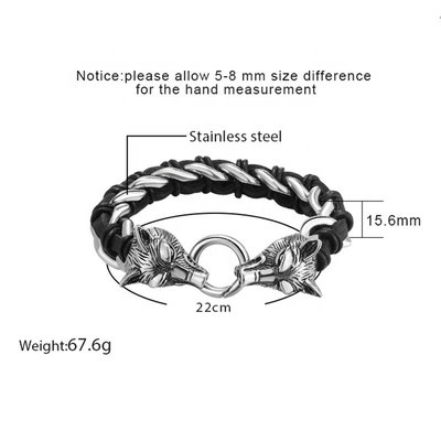 top quality mens stainless steel wolf head biker leather braided chain viking bracelet