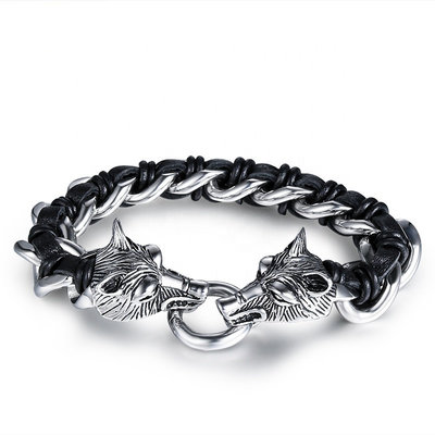 top quality mens stainless steel wolf head biker leather braided chain viking bracelet