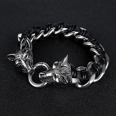 top quality mens stainless steel wolf head biker leather braided chain viking bracelet