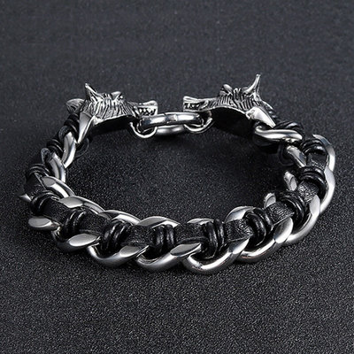 top quality mens stainless steel wolf head biker leather braided chain viking bracelet