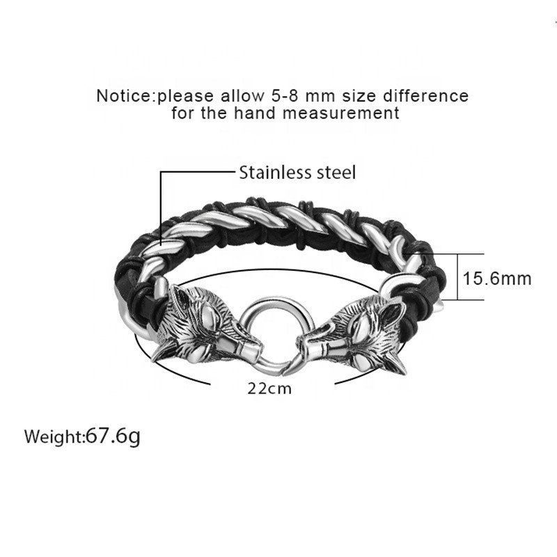 top quality mens stainless steel wolf head biker leather braided chain viking bracelet