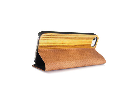Handmade Genuine Leather and Zebra Wood Folio Case For iPhone 5 / 5s Protective Shell