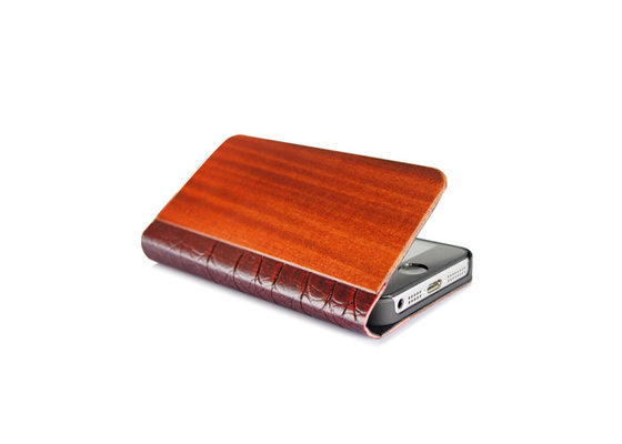 Walnut or Bamboo Wooden Cell Phone Case , Genuine Leather and Wood Folio Iphone5S Cases