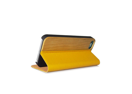 Customize Yellow Leahter and Wood Iphone 5S Folio Case / Cell Phone Case with Stand