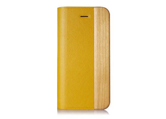 Customize Yellow Leahter and Wood Iphone 5S Folio Case / Cell Phone Case with Stand