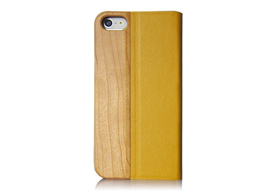 Customize Yellow Leahter and Wood Iphone 5S Folio Case / Cell Phone Case with Stand
