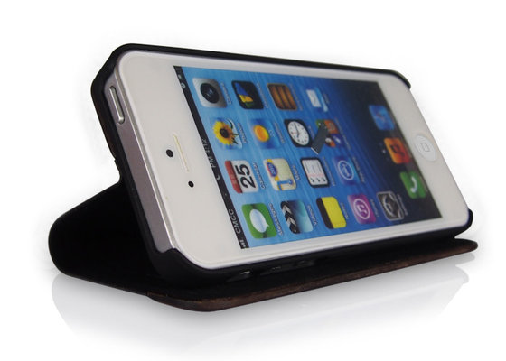 Handmade Waterproof Flip Iphone 5S Folio Case With Stand , Zebra Wood and Real Leather