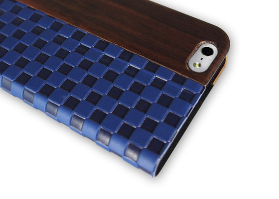 Luxury Blue Plaid Leather Flip Phone Case For Iphone 6, Leather Smart Phone Case With Sustainable Dark Wood Exterior
