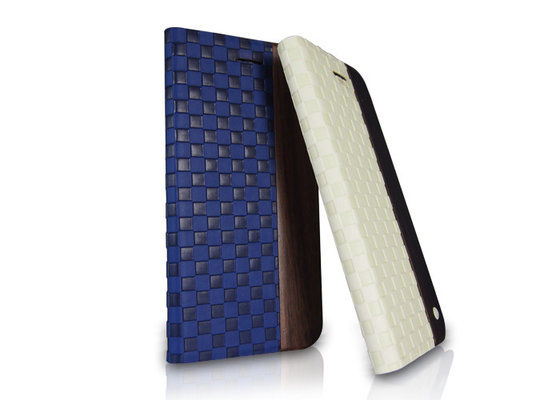 Luxury Blue Plaid Leather Flip Phone Case For Iphone 6, Leather Smart Phone Case With Sustainable Dark Wood Exterior