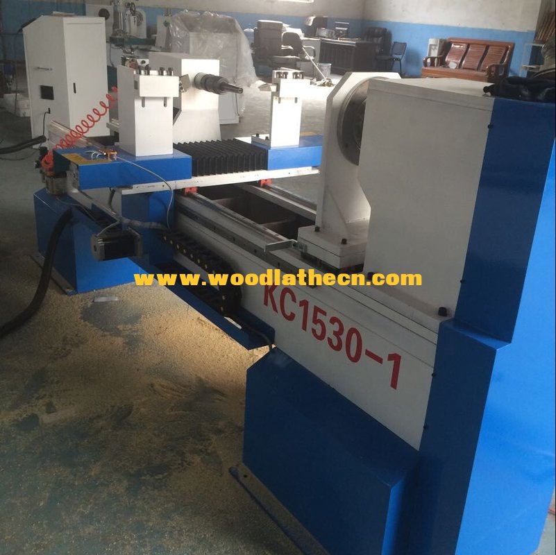 CNC controlled wood turning lathe designed for turning spindles, posts, columns and even baseball bats