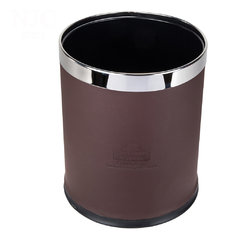 China OEM Round shape PU faux leather dustbin for 5-star hotel in brown color supplier