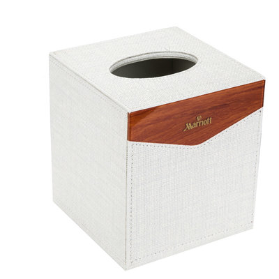 Luxury Hotel white PU leather with wooden finished plexglas square tissue box cover holder supplier