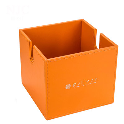 Free sample Customized hotel faux leather orange trash can supplier