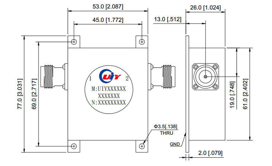 UIY RF full bandwidth SMA Isolator coaxial isolator from 300 to 475MHz made of Ferrite