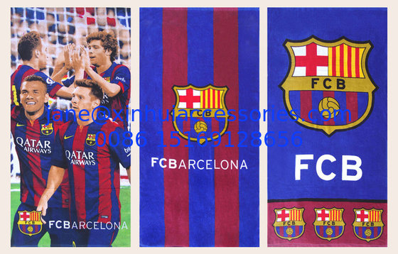 Customize football sport towel Barcelonaes football club summer beach towel cotton towel supplier