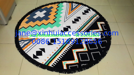 Cheaper price small MOQ cotton custom printed round beach towel with tassels supplier