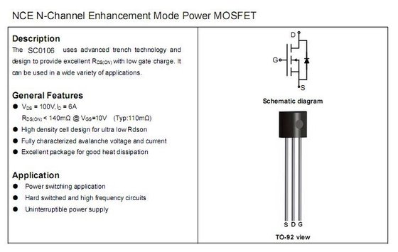 SC0106 N-Channel Enhancement Mode Power MOSFET 100V 6A TO-92  SC0106 100mΩ