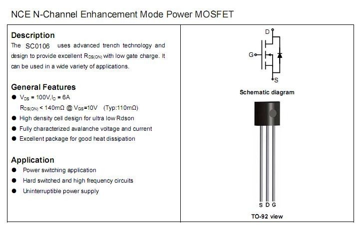 SC0106 N-Channel Enhancement Mode Power MOSFET 100V 6A TO-92  SC0106 100mΩ
