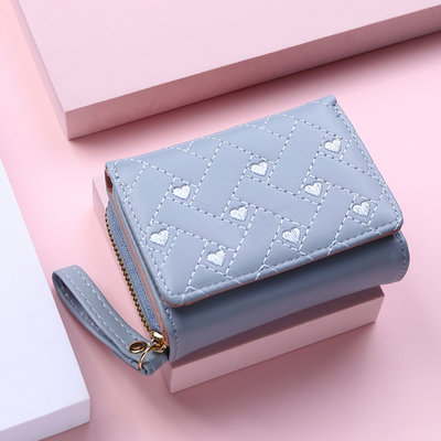Women's Wallet Short Fashion Embroidered Heart Coin Purse Women's Tri-fold Card Holder Pu Leather Multi-card Slot Wallet