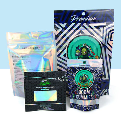 Custom Stand Up Ziplock Smell Proof Resealable Bags Holographic Rainbow Color Clear Front Foil Bags Seal Bags For Food
