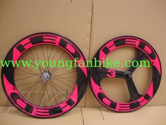 New700c China cheap 70mm front tri-spokes&88rear carbon clincher wheelsets for track bike