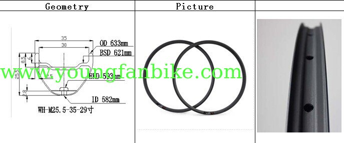 2014newest factory price full carbon mtb bicycle rim29inch mtb hookless clincher 35mm wide