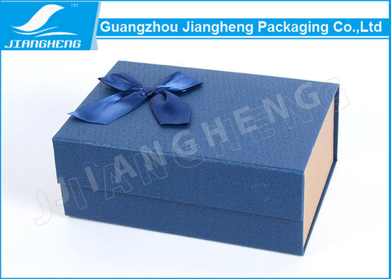 Custom Flat Folding Packing Boxes Texture Paper Blue Bowknot For Gift