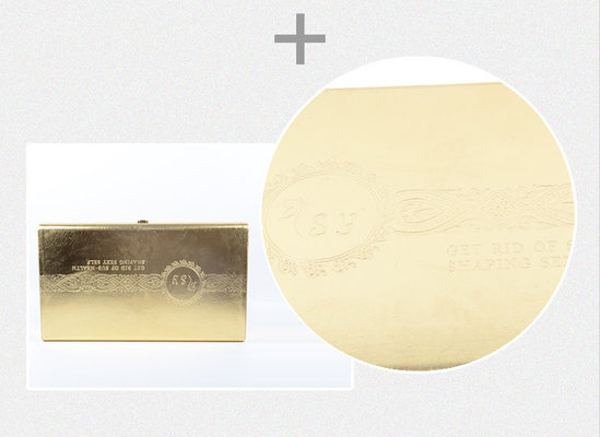 Golden MDF Wooden Leather Gift Box , Debossed Round Edge Leather Packaging Box