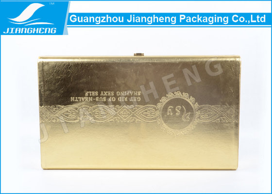 Golden MDF Wooden Leather Gift Box , Debossed Round Edge Leather Packaging Box