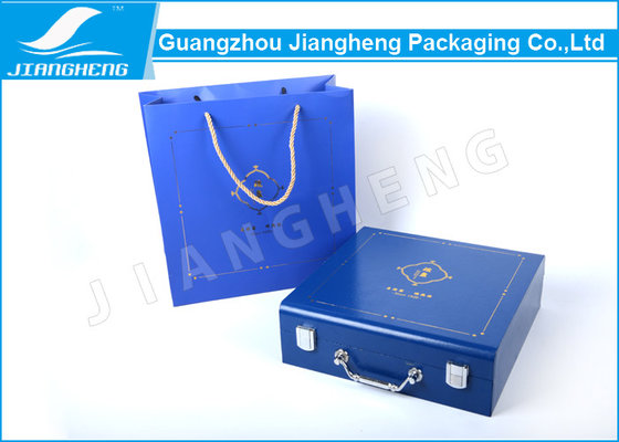 Square Blue Faux Leather Gift Box Hot Stamping With Cotton Rope Handle