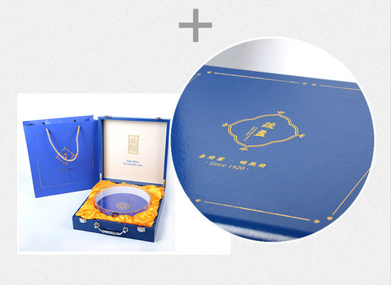 Square Blue Faux Leather Gift Box Hot Stamping With Cotton Rope Handle