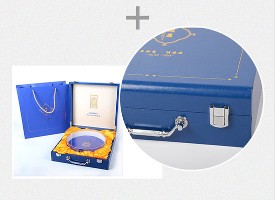 Square Blue Faux Leather Gift Box Hot Stamping With Cotton Rope Handle
