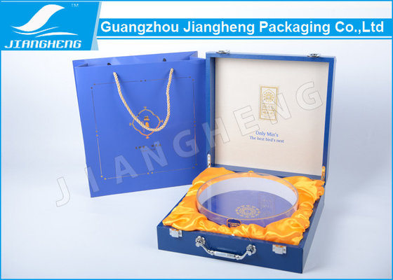Square Blue Faux Leather Gift Box Hot Stamping With Cotton Rope Handle