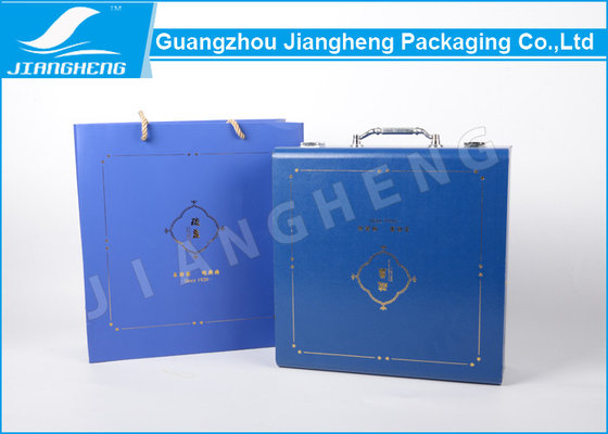 Square Blue Faux Leather Gift Box Hot Stamping With Cotton Rope Handle