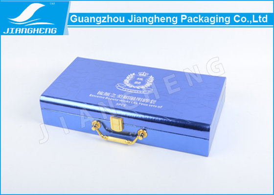 PU Blue Shiny Leather Gift Box Silver Hot Stamping Logo With Insert