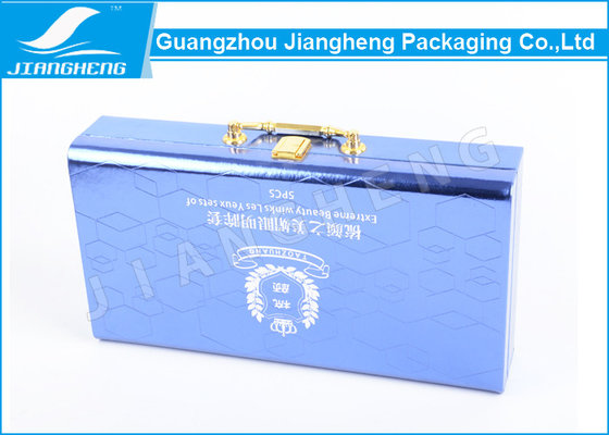 PU Blue Shiny Leather Gift Box Silver Hot Stamping Logo With Insert