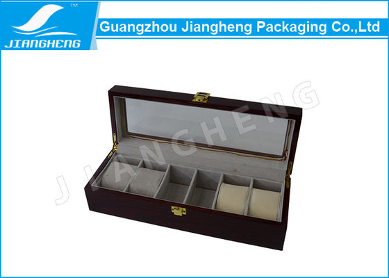 Clear Window Rigid Wooden Gift Box Red Lockable For 6 Pcs Watch Display