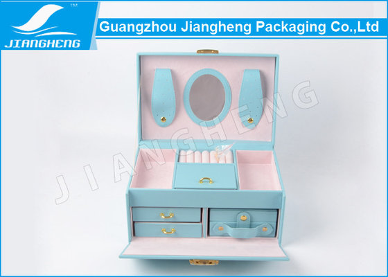 Fashion Jewelry Storage Leather Gift Box With Mirror , Light Sky Blue Color