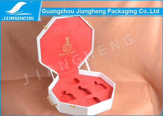 Hexagon Shape Custom Perfume Boxes , Perfume Sample Gift Box With Golden Logo / Ribbon Hinged