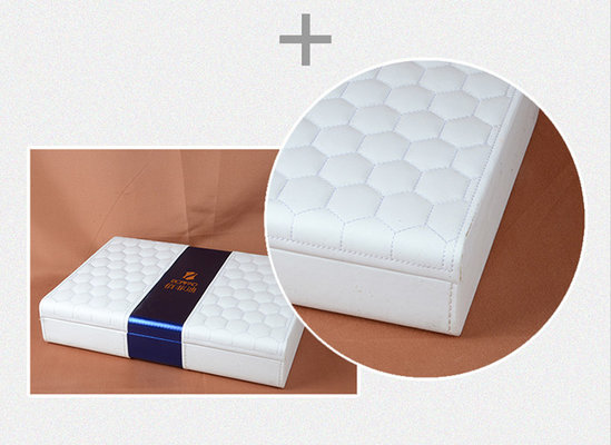 Embroider pattern design leather gift box hinged large white PU with blue band