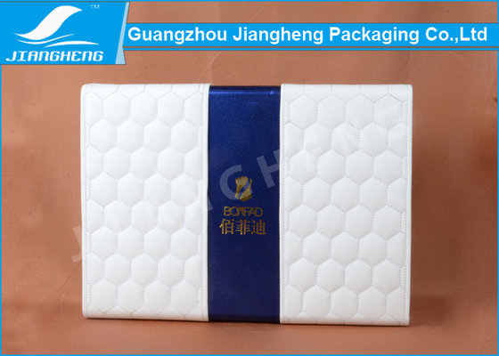Embroider pattern design leather gift box hinged large white PU with blue band