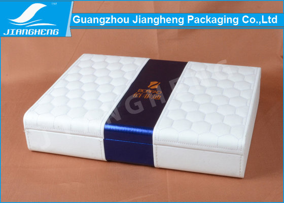 Embroider pattern design leather gift box hinged large white PU with blue band